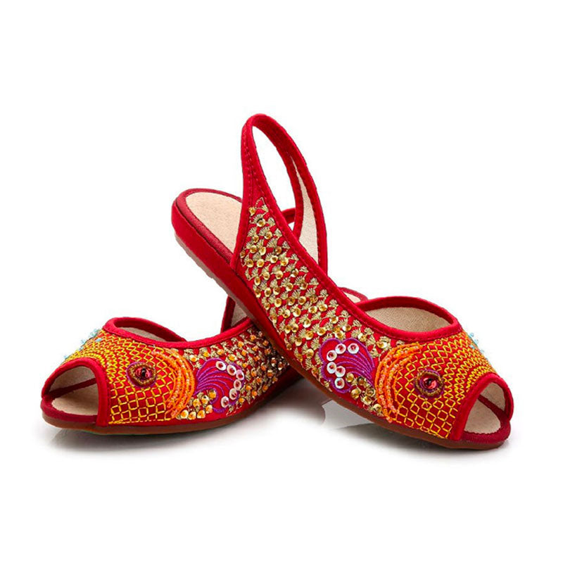 Red Embroidered Peep Toe Low Cut Flats – BlueDail
